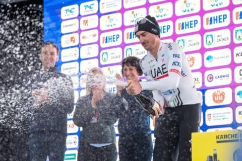 American Brandon McNulty celebrates on stage three of the CRO Race 2024 ...